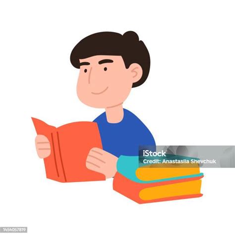 열린 책을 가진 소년 독서 목록 도서관 전자 책 교육 교과서 학습 문학 작가 저자 개념 플랫 스타일 흰색 바탕에 파란색 티셔츠를 입은 남자 거리가 먼에 대한 스톡 벡터 아트