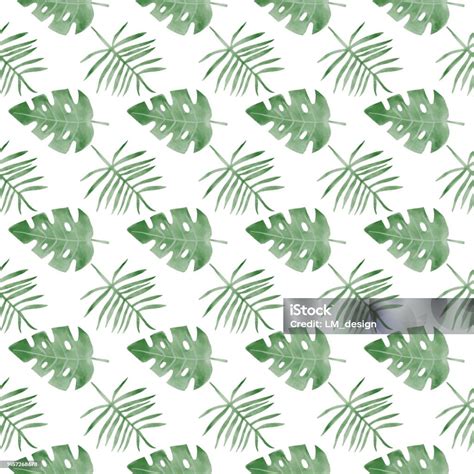 아프리카 잎 수채화 패턴입니다 정글 원활한 수채화 배경 손으로 그린 몬스테라 야자수는 흰색 배경에 격리된 그림을 남깁니다 보육원