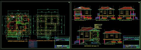 Residential Building Plan Elevation And Sections Details Autocad File
