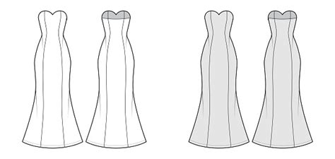 스트랩리스 연인 네크라인 몸에 맞는 바디 맥시 길이 원형 스커트가 돋보이게 하는 트럼펫 테크니컬 패션 일러스트 0명에 대한 스톡