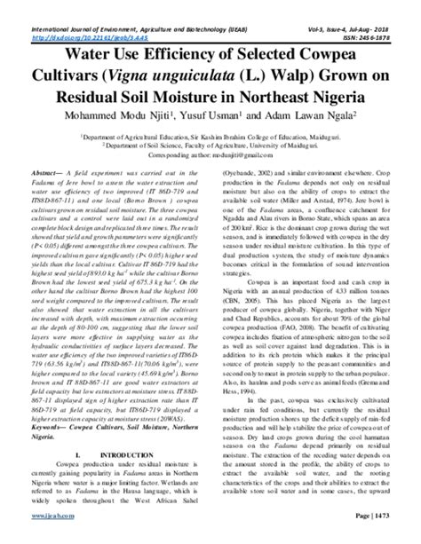 Pdf Water Use Efficiency Of Selected Cowpea Cultivars Vigna Unguiculata L Walp Grown On