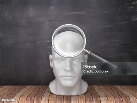 Human Head With Magnifying Glass On Chalkboard Background 3d Rendering
