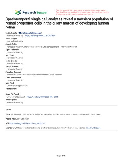 Pdf Spatiotemporal Single Cell Analyses Reveal A Transient Population Of Retinal Progenitor