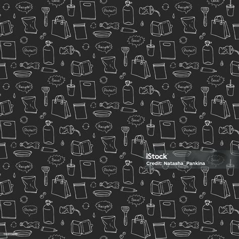 원활한 패턴 손으로 그린 낙서 중지 플라스틱 오염 아이콘 벡터 일러스트 스케치 기호 만화 요소 가방 병 재활용 기호 패키지 폐기