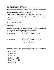 EXPONENTIAL EQUATIONS Pdf EXPONENTIAL EQUATIONS These Are Equations In Which Variables Or