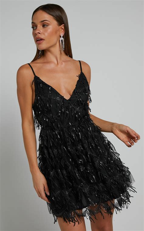 Khrizza Mini Dress Sequin Gathered Dress In Black Showpo Nz