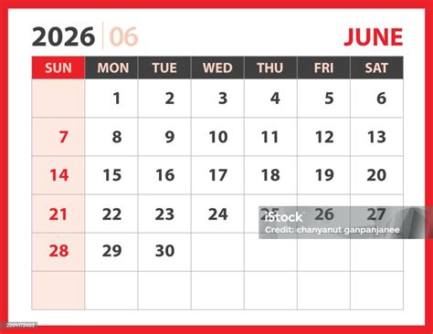 달력 2026 디자인 벡터 2026년 6월 템플릿 책상 달력 2026 템플릿 플래너 레이아웃 주가 일요일에 시작 편지지 빨간 배경에 벽 달력 벡터 Eps 10 2026년에