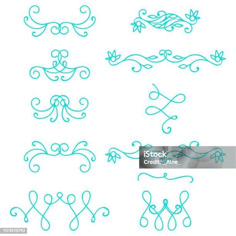 파란색 추상 곱슬 머리의 집합 흰색 배경에 격리 된 디자인 요소 설정 손으로 그린 청록색 소용돌이 꽃 둥근 프레임 화환 칸막이 서예 모양 벡터 그림입니다 개체 그룹에 대한