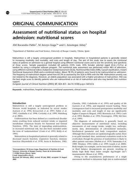 Pdf Assessment Of Nutritional Status On Hospital Admission Nutritional Scores