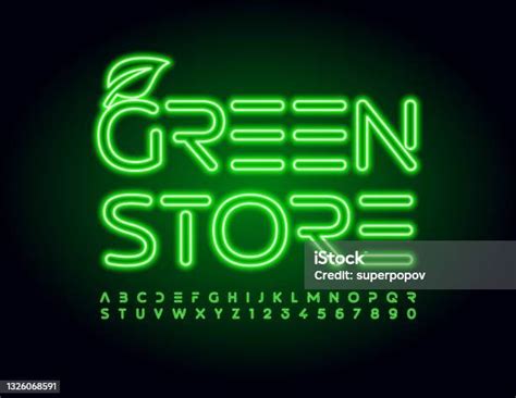 벡터 에코 배너 장식 잎 녹색 상점 네온 테크노 스타일 알파벳 문자 및 숫자 세트 그래픽 프린트에 대한 스톡 벡터 아트 및 기타 이미지 그래픽 프린트 네온 녹색