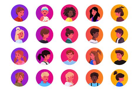 세트 믹스 레이스 소년과 소녀는 아바타 귀여운 남성 여성 만화 캐릭터 컬렉션 초상화를 직면 가공의 인물에 대한 스톡 벡터 아트