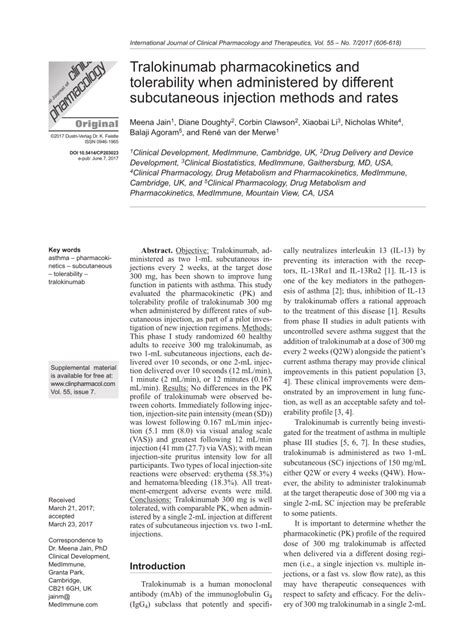 Pdf Tralokinumab Pharmacokinetics And Tolerability When Administered By Different Subcutaneous