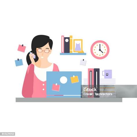 갈색 머리 사업가 캐릭터 노트북과 컴퓨터 책상에 앉아 전화 사무실 직원 벡터 일러스트 레이 션의 일상 생활 이야기 낮에 대한 스톡 벡터 아트 및 기타 이미지 Istock