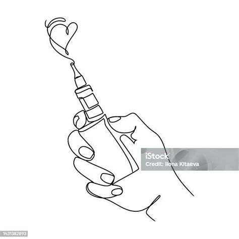증기 기화기 로고 템플릿 흰색 배경에 라인 아트 벡터 일러스트레이션 심장 모양의 증기 연속 선을 가진 전자 담배를 들고있는 손 전자담배에 대한 스톡 벡터 아트 및 기타