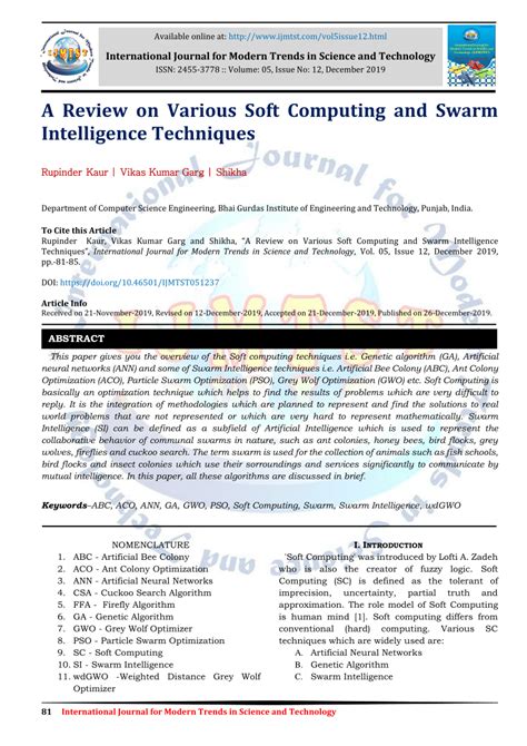 pdf a review on various soft computing and swarm intelligence techniques