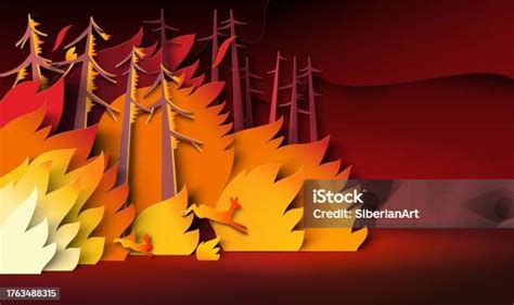 숲 통하고 있는 불 와 사슴 피하는 것 타오르는 불꽃 Papercut 벡터 Illustration 산불에 대한 스톡 벡터 아트 및 기타 이미지 Istock