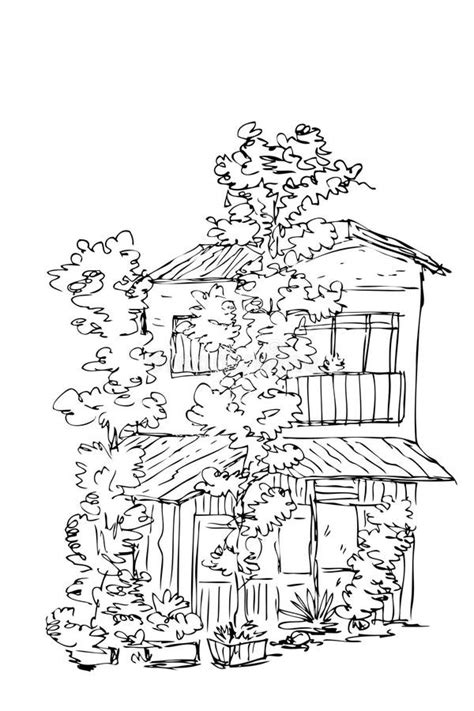 House With Trees And Plants Simple Vector Sketch Illustration Stock Vector Illustration Of