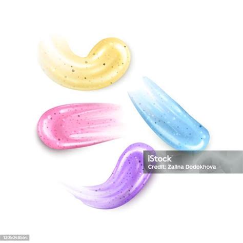 흰색 배경에 격리 된 스크럽 얼룩 세트입니다 크림 또는 젤 브러쉬 스트로크 사실적인 3d 벡터 일러스트로 페이스 케어용 뷰티 코스메틱 필링 제품 3차원 형태에 대한 스톡