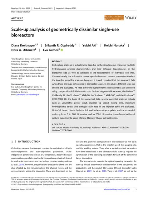 Scale Up Analysis Of Geometrically Dissimilar Single Use Bioreactors Pdf
