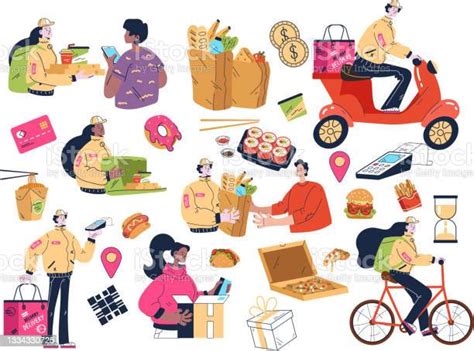 식품 식료품 패스트 딜리버리 벡터 현대 스타일 디자인 플랫 엘리먼트 절연 세트 배달에 대한 스톡 벡터 아트 및 기타 이미지 배달 음식 식료품 Istock