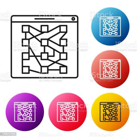 검은 선 글로벌 기술 또는 흰색 배경에 격리 된 소셜 네트워크 아이콘 아이콘 다채로운 원 버튼을 설정합니다 벡터 일러스트레이션 가리기에 대한 스톡 벡터 아트 및 기타 이미지