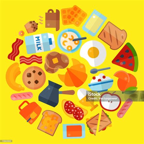 아침 식사 라운드 라운드 패턴 벡터 일러스트입니다 아침 식사 아침에 먹는 사과 오렌지 과일 샌드위치 토스트 삶은 및 베이컨 소시지와 계란 튀김 건강한 생활방식에 대한 스톡