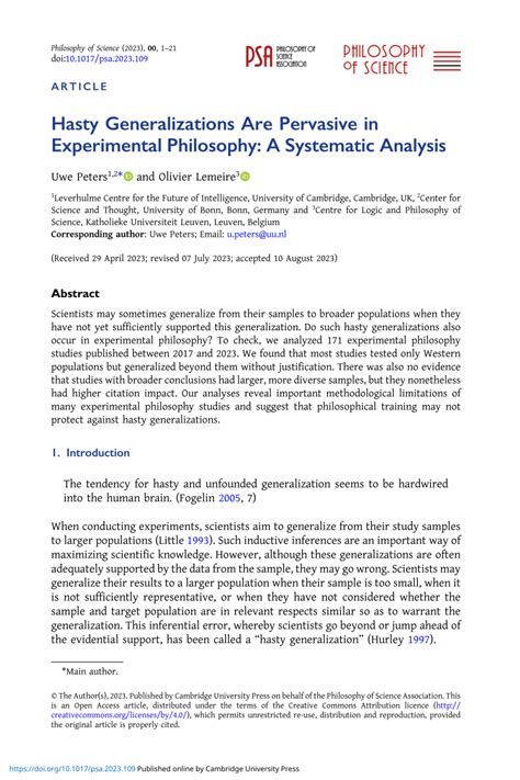 Pdf Hasty Generalizations Are Pervasive In Experimental Philosophy A Systematic Analysis