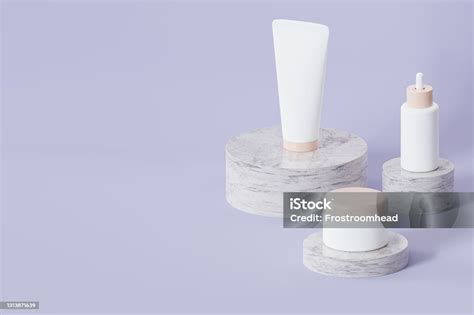 대리석 연단 파란색 배경 3d 일러스트 렌더링에 화장품 제품 템플릿 또는 광고에 대한 모형 병 튜브 및 항아리 0명에 대한 스톡 사진 및 기타 이미지 Istock