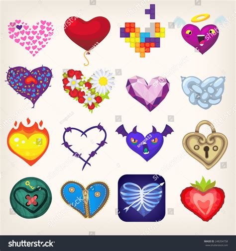 Set Icons Heart Shaped Objects Valentine Characters Stock Vector