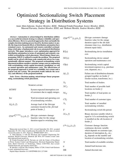 PDF Optimized Sectionalizing Switch Placement Strategy In Distribution Systems