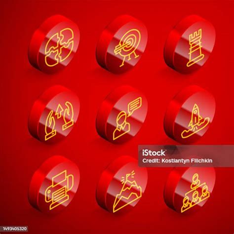 라인 퍼즐 조각 화살표가 있는 목표 비즈니스 전략 성장 차트 및 진행 상황 말풍선 채팅 로켓 프린터 및 산 깃발 아이콘을 설정합니다 벡터 3차원 형태에 대한 스톡 벡터 아트