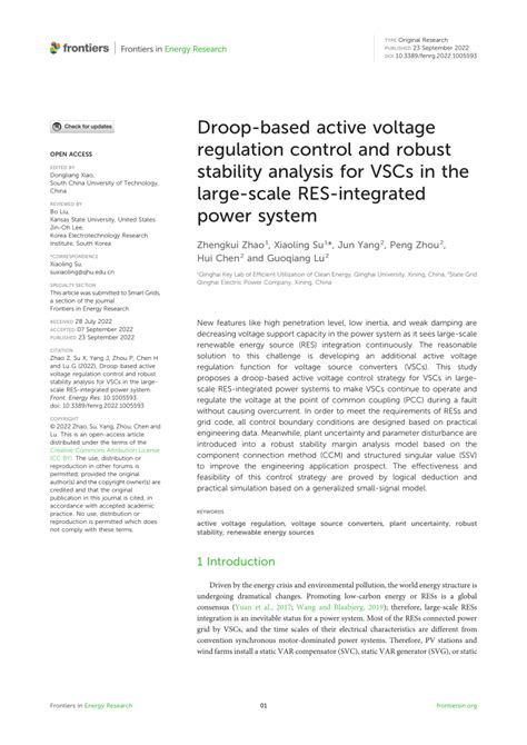 PDF Droop Based Active Voltage Regulation Control And Robust Stability Analysis For VSCs In