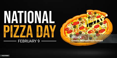 피자와 조각이 공중에 떠 있는 전국 피자의 날 배경 피자 데이 배경 타이포그래피 벽지 레스토랑에 대한 스톡 벡터 아트 및 기타