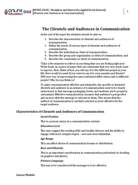 Week 015 Module The Clientele And Audiences In Communication Pdf Communication Customer