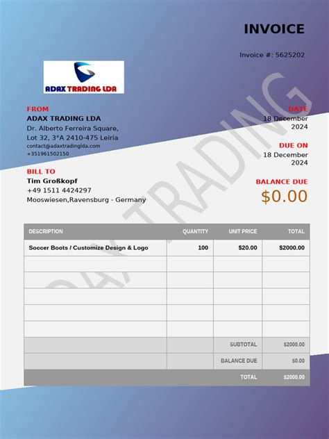 Custom Soccer Boots Invoice Template Pdf