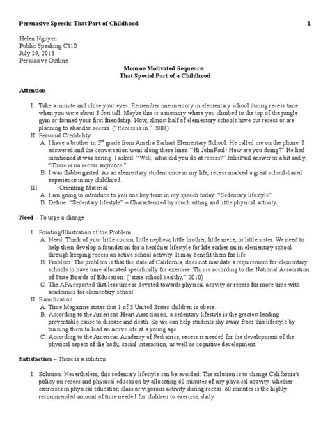 Monroe Motivated Sequence Sample Pdf Physical Education Psychological Concepts