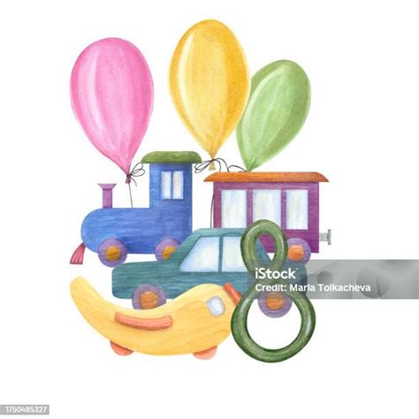 마차 자동차 비행기 여러 가지 빛깔의 풍선이 달린 증기 기관차 8번 아이 나무 장난감입니다 흰색으로 분리된 수채화 그림 어린이 인사말 카드 파티 초대장을위한 작곡 0명에