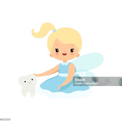 작은 이빨 요정 앉아 아기 치아 사랑스러운 금발의 요정 소녀 만화 캐릭터 에 밝은 파란색 드레스 와 날개 벡터 일러스트 건강한 생활방식에 대한 스톡 벡터 아트 및 기타