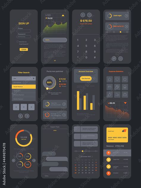 Vector De Stock Dark Theme Ui Kit Digital Modern Interface App Pages Templates With Various