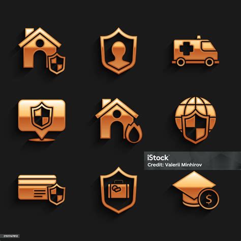 불타는 집에 불을 지르고 방패가 있는 여행 가방 졸업 모자와 동전 방패 세계 지구본 신용 카드 위치 비상 사태 및 집 아이콘 벡터 가방에 대한 스톡 벡터 아트 및 기타