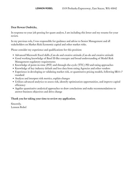 Quant Analyst Cover Letter Velvet Jobs