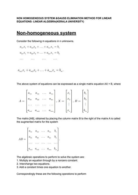 Solution Non Homogeneous System And Gauss Elimination Method For Linear