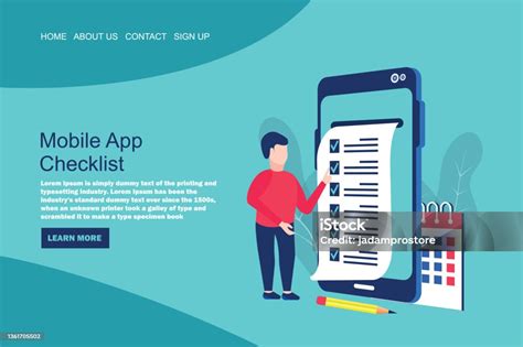 일상 업무의 체크 리스트와 모바일 응용 프로그램을 사용하는 남자 광고에 대한 스톡 벡터 아트 및 기타 이미지 광고 달력