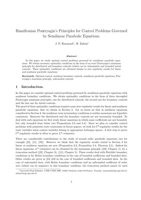 Pdf Hamiltonian Pontryagins Principles For Control Problems Governed By Semilinear Parabolic