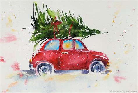 Открытка ручной работы на Новый Год елка на машине красной снег акваре ...