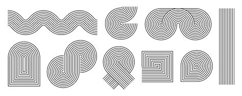 블랙 리니어 보헤미안 스타일의 웨이브와 모양이 설정되어 있습니다 미드 센추리 곡선과 아치 컬렉션 그래픽 디자인 템플릿 포스터 배너 표지에 대 한 장식적인 라인 아크 요소