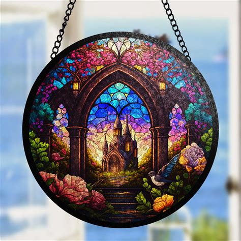 Castle Round Stained Glass Suncatcher For Window Animebape
