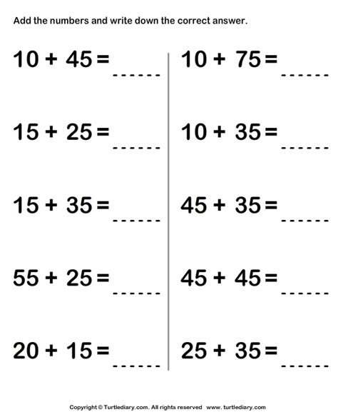 Column Addition Of Numbers Up To Two Digits Turtle Diary Worksheet