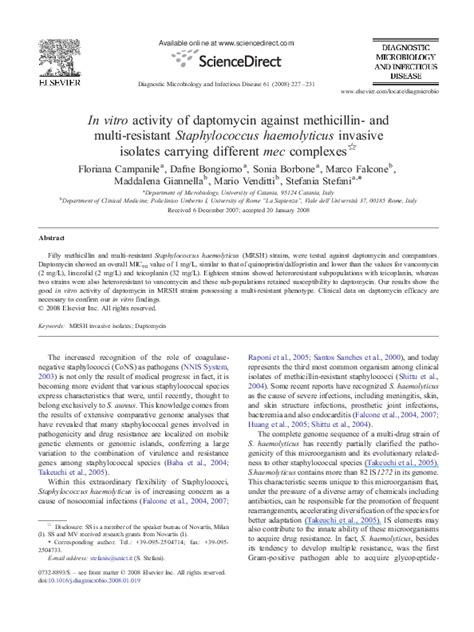 Pdf In Vitro Activity Of Daptomycin Against Methicillin And Multi Resistant Staphylococcus