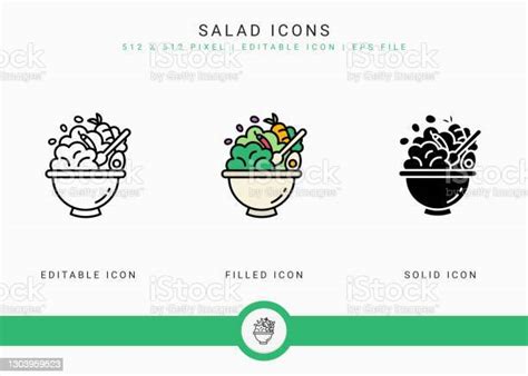 샐러드 아이콘은 솔리드 아이콘 라인 스타일로 벡터 일러스트레이션을 설정합니다 건강한 비건 성분 컨셉 0명에 대한 스톡 벡터 아트